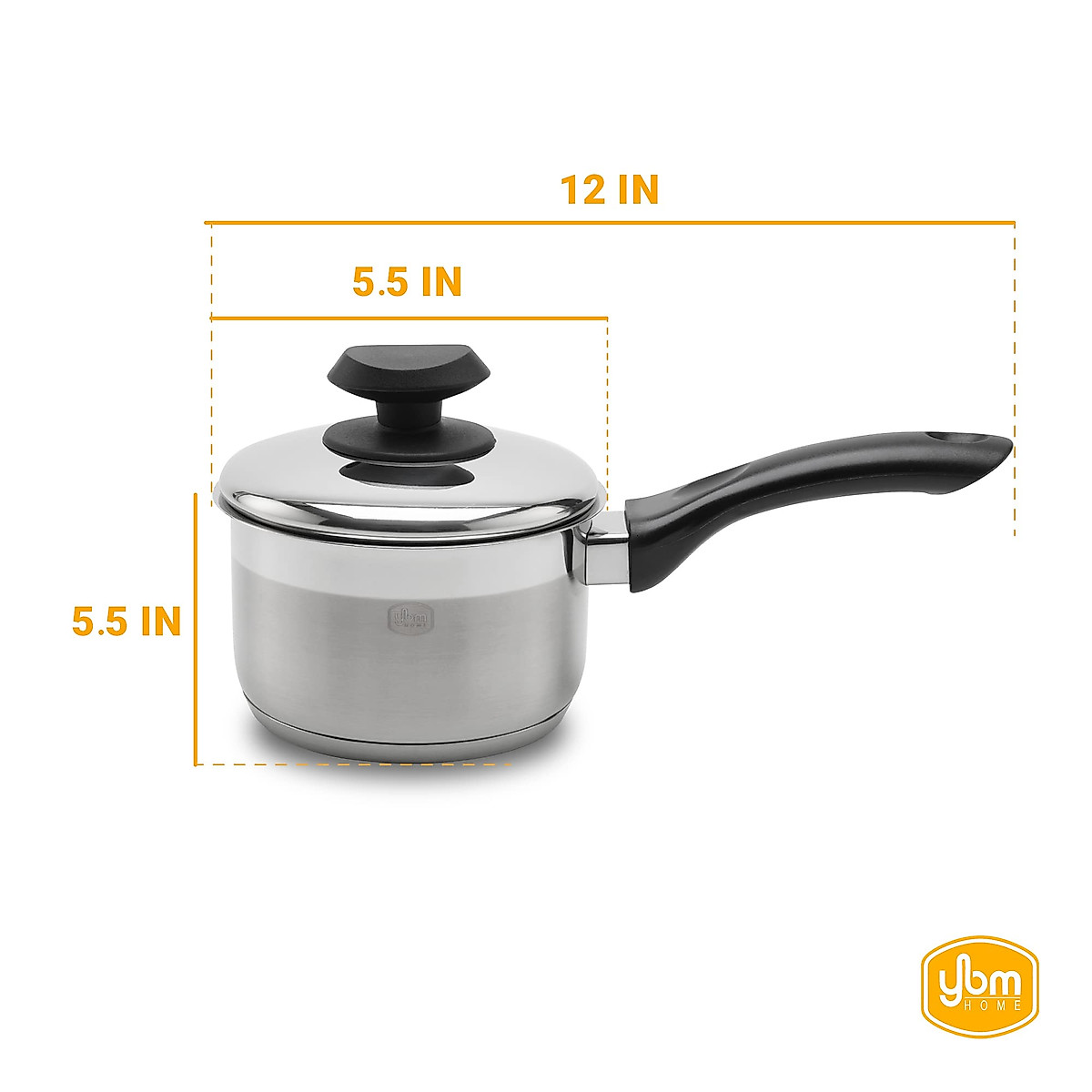 YBM Home Professional Chef’s 18/10 Stainless Steel Sauce Pot Covered Tri-Ply Capsule Base With Bakelite Handle, Terrific Mirror Silver, Induction Compatible - Black