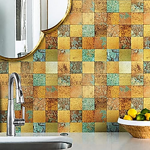 HomeyMosaic Peel and Stick Backsplash Tile Stick on Kitchen Fireplace Bathroom Plaid in Rust Retro Copper,5-Sheet