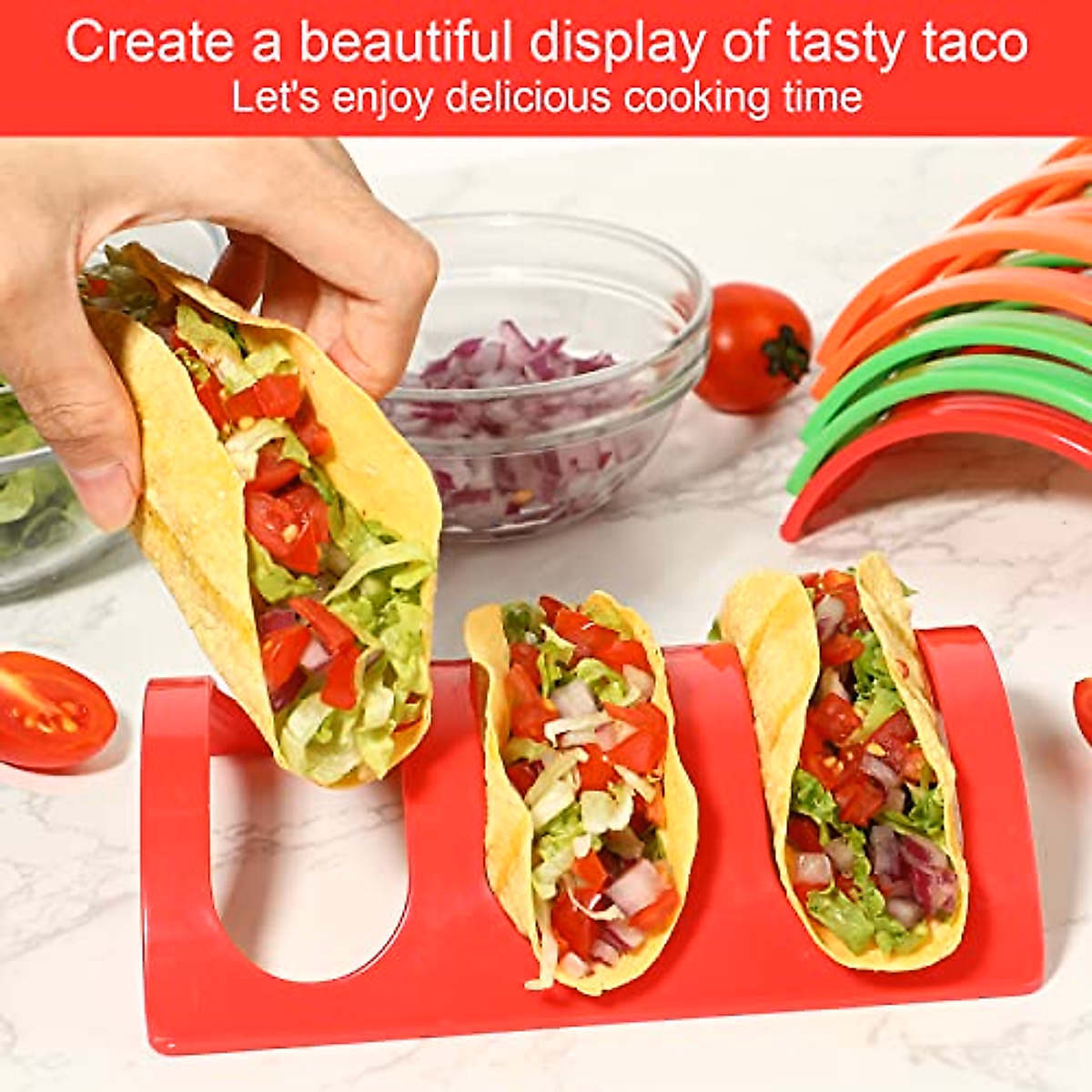 Koluti Colorful Taco Holder Stand Set of 6, Hard and Sturdy Taco Shell Plates Tray Style Rack, Each Hold 3 Tacos, BPA Free Food Grade Plastic Material, Microwave & Dishwasher Safe, （Red Orange Green）