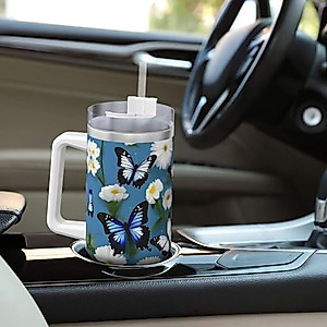 HULIBIN Blue Butterflies White Flowers Print Double Deck Stainless Steel Travel Coffee Cup With Lid 40 Oz Ice Bully Cup