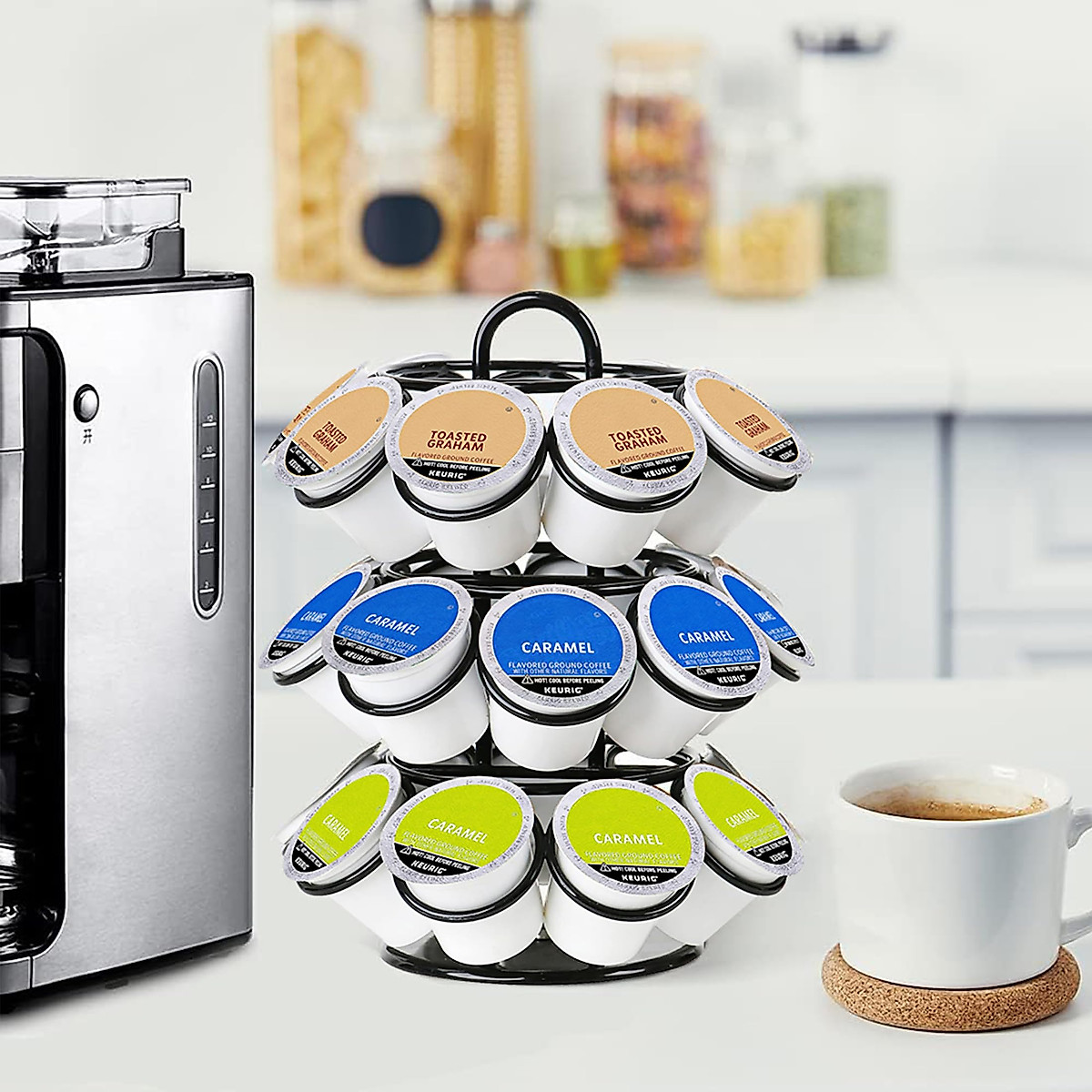 K Cup Holder, Keurig Pod Holder K Cup Organizer, ZECENN Coffee Pod Carousel for K-cup Coffee Pods Storage Rack Compatible with Keurig Pods and Dolce Gusto, Holds 27 Coffee Pods, 360-Degrees Rotating, Sturdy Metal, No Assembly Required -Black