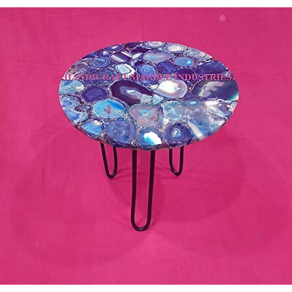 15" Inch Round Natural Blue Agate Coffee Table with with Metal Base, Agate Table Top Home Decor, Agate Round Coffee Table