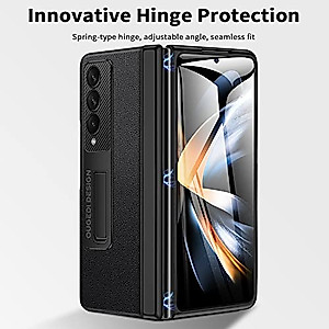 spoovcto for Samsung Galaxy Z-Fold-4 Case: Spring Hinge Protection & Kickstand Dual Layer Protective with Built-in Screen Protetctor Phone Case for Galaxy Z Fold 4 5G 2022 (Lychee Pattern-Black)