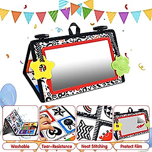 Dr.Rapeti Tummy Time Floor Mirror for Baby Infant Toddler Kids Black and White High Contrast Baby Toy with Teethers Floor Activity Toy Washable Non-Toxic