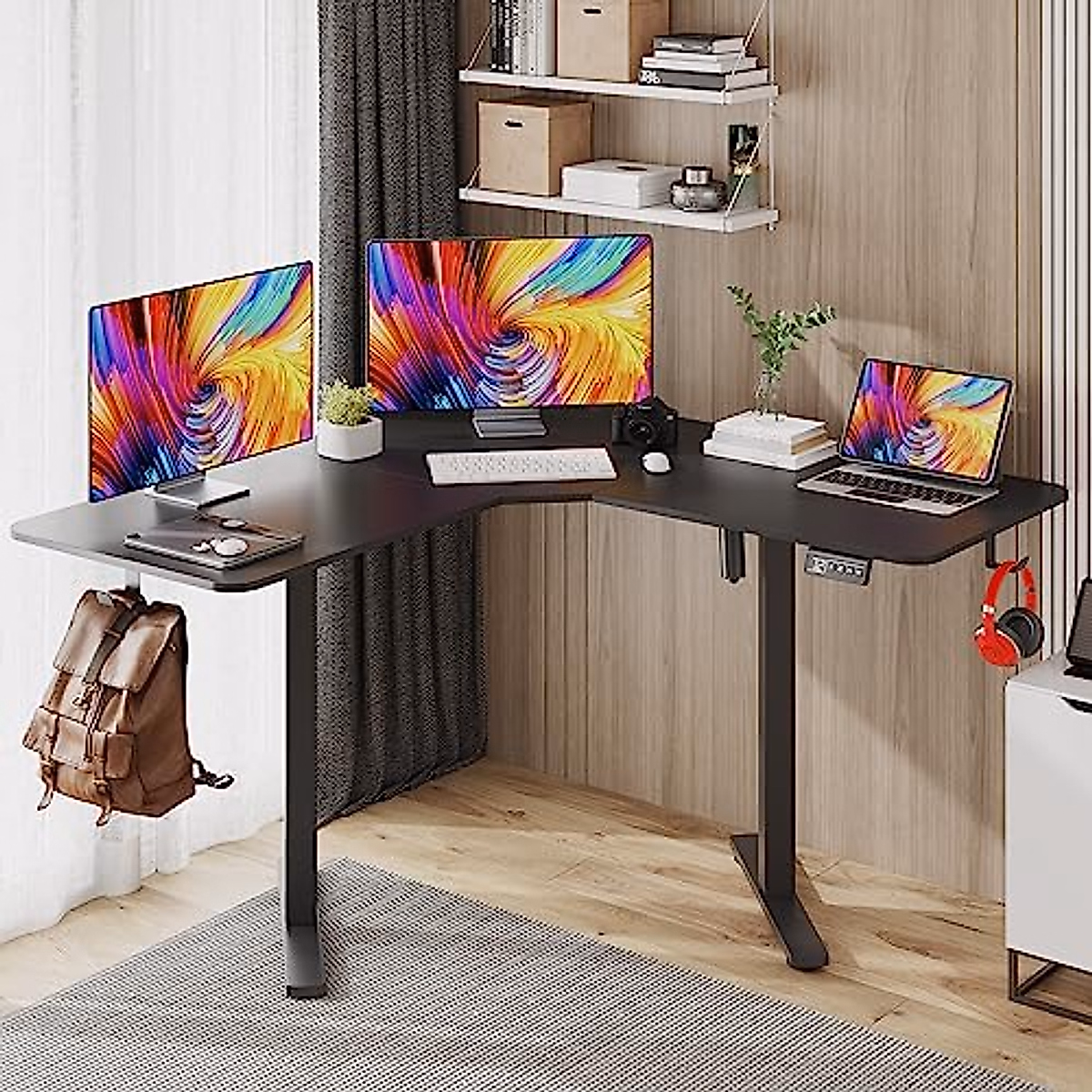 Flamaker L-Shaped Electric Standing Desk, 47 Inch Height Adjustable Sit Stand Desk, Computer Home Office Corner Desk Memory Preset (Black)