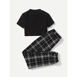 SOLY HUX Girl's Letter Print Short Sleeve Tee Top and Plaid Pants Set 2 Piece Outfits Black 11-12Y
