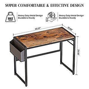 AWQM Computer Desk 39-Inch Writing Desk Home Office Small Study Workstation Industrial Style PC Laptop Table with Storage Bag and 4 Bars, Retro Brown and Black