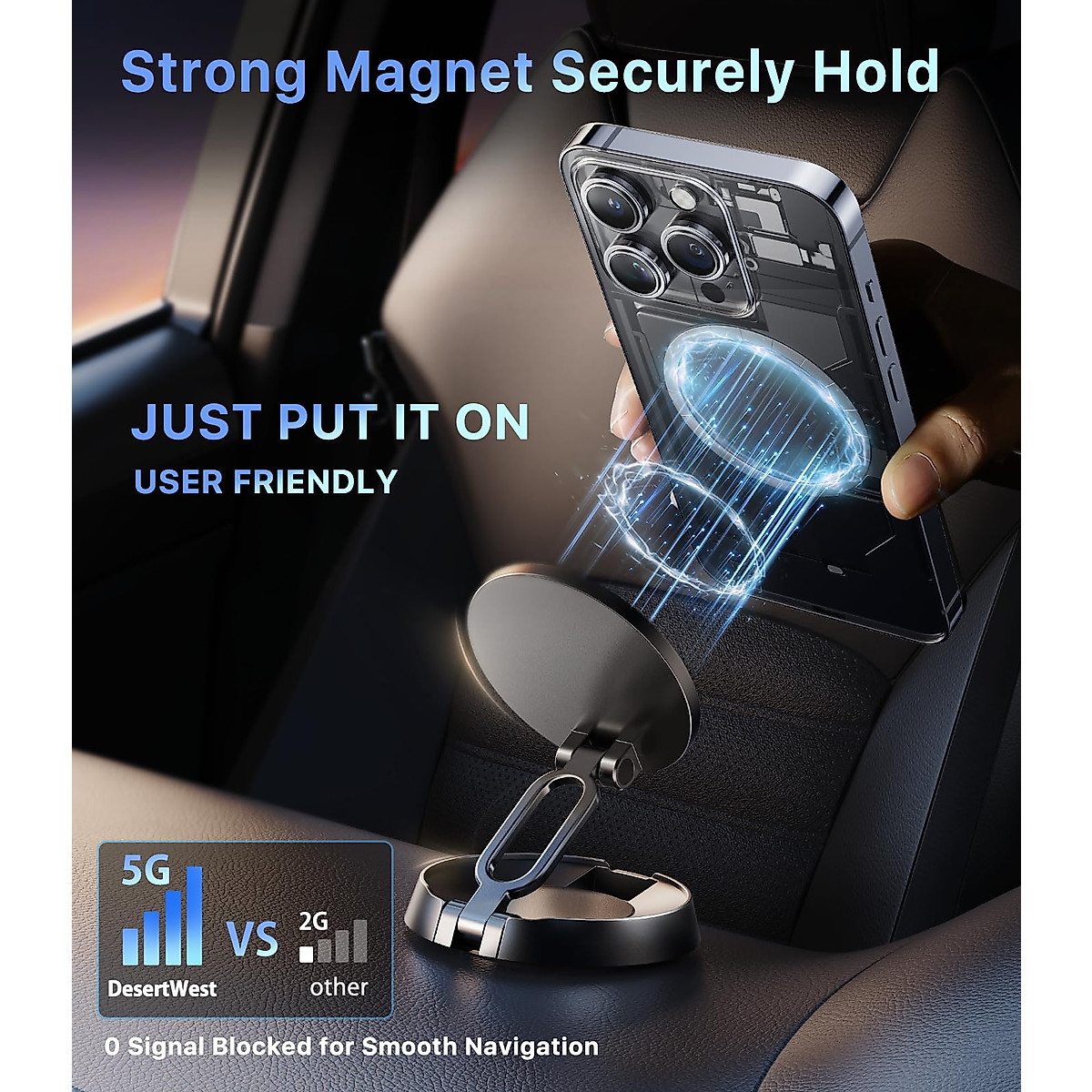 DesertWest Magsafe Car Mount, Industry's First Foldable Magnetic Phone Holder for iPhone 15/14/13/12 Pro Max, All Phones, Matte Black