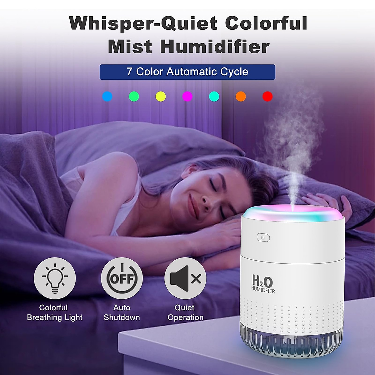 Rechargeable Mini Humidifier, Colorful Cool Mist Humidifier with 7 Color Light, Small Personal Desktop Humidifier for Baby Bedroom, Office, Nursery, Travel with Auto Shut-Off, Super Quiet (White)