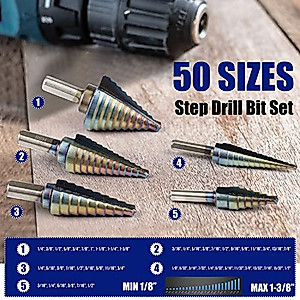 Lichamp Step Drill Bit Set for Metal Sheet Heavy Duty, 5-Piece HSS Step Up Down Drill Bits Stepper Unibit for Steel Hole, 50 Sizes from 1/8 to 1-3/8 inches, B105RD