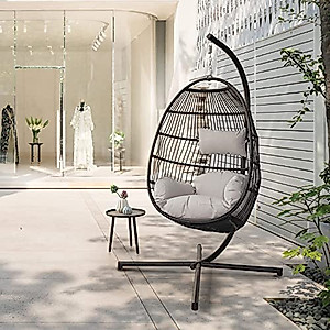 PRIVATE GARDEN Large Hanging Egg Chair with Stand Outdoor Patio Folding Egg Chair Indoor Swing Egg Chair with Light Grey Waterproof Cushion Heavy Duty C-Stand 330LBS Capacity