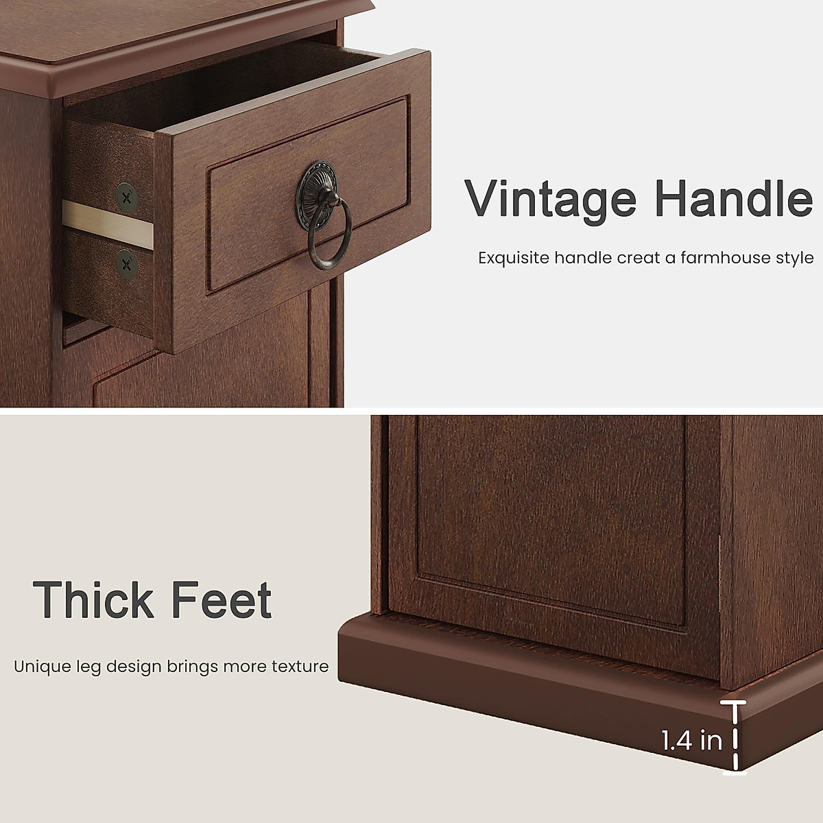 ChooChoo Farmhouse XXL End Table with Charging Station，Narrow Sofa Side Table with Adjustale Shelf, 3 Tier Rustic Night Stand for Small Place Living Room, Cherry Brown