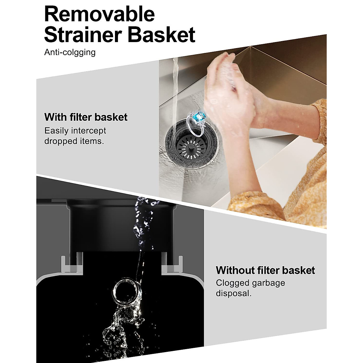 BOTEMY Extended Garbage Disposal Flange Basket Strainer Stopper, Deep 304 Stainless Steel Kitchen Sink Flange for 3-1/2 Inch Standard Sink Drain Hole, Matte Black Deep Sink Disposal Flange Stopper