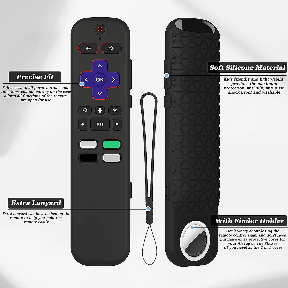 Seltureone 2 in 1 Remote Cover with AirTag Holder for Roku - Silicone Protective Case, Anti Slip Shock Absorption Washable, Black