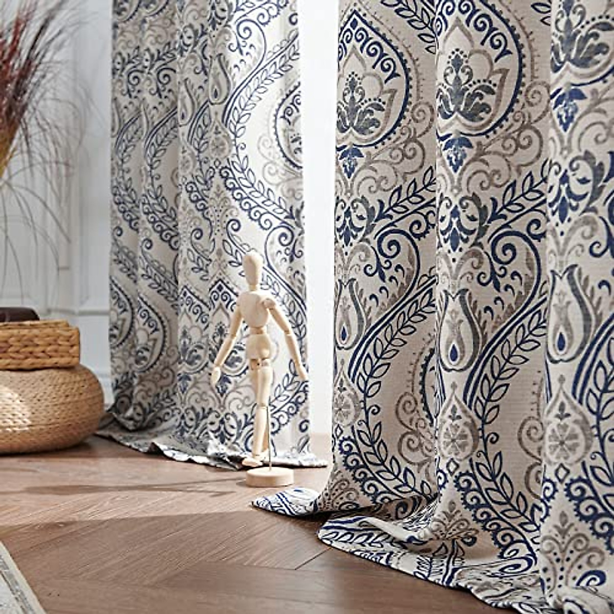 jinchan Linen Textured Curtains for Living Room Darkening 108 Inches Long, Medallion Drapes for Bedroom, Damask Pattern Window Treatments Vintage Curtain Panels, 2 Panels Blue on Griege