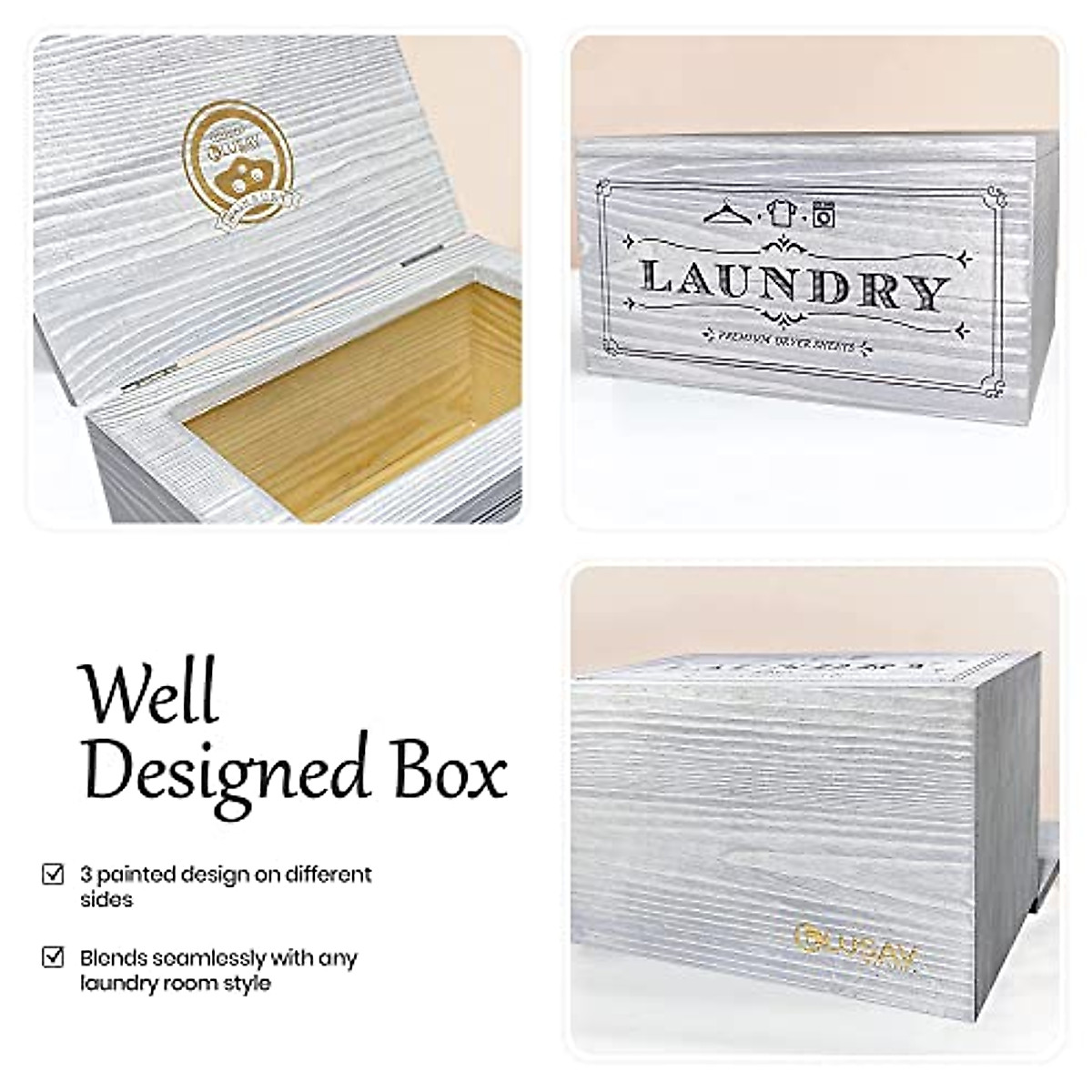 LUSAV Dryer Sheet Holder Dispenser with Hinged Lid for Laundry Room - Farmhouse Decor Dryer Sheets Container - with air Purifying Bag -Rectangular Box (Grayish-White) 7.9''x5''x4.2''