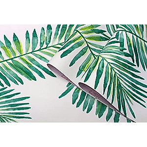 HOYOYO Tropical Shrub Leaves Self-Adhesive Liner Paper, White, greens Tropical Shrub Leaves Removable Peel and Stick Dresser Cabinets Furniture Table Desk Home Decor 17.8 x 118 inch