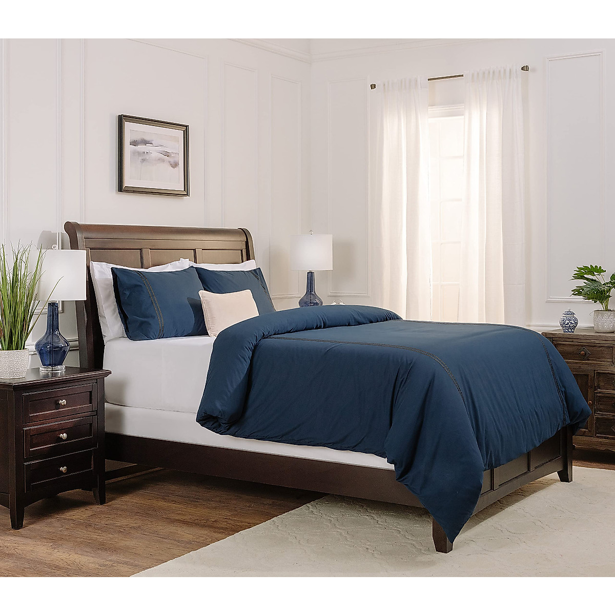 Chanasya Premium Bordered Navy Duvet Comforter Cover Bedding Set Queen Size - Stich 3-Piece Set Luxurious Minimalist Style Brushed Microfiber Comforter Cover - Ultra Soft Breathable Stain Resistant