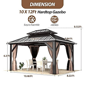 Raysfung 10 X 12ft Hardtop Gazebo, Galvanized Steel Double Roof Gazebo with Nettings and Curtains, Outdoor Aluminum FrameVertical Stripes Roof Permanent Pavilion for Patio, Backyard, Lawns