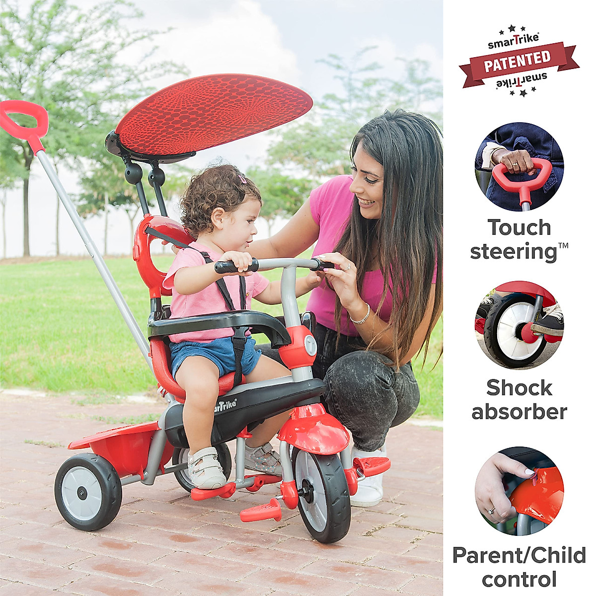 smarTrike Kids Adjustable Tricycle Push Bike Trike Ride On Toy with Parent Control Button for Toddler Ages 15 Months to 3 Years, Red
