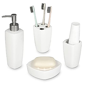 MyGift 4 Piece Ceramic White Bathroom Accessory Set with Soap Dispenser Pump, Toothbrush Holder, Tumbler and Soap Dish