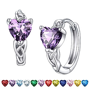 Bestyle Silver Hoop Earrings CZ Created Heart Diamond Hoops | Classic Silver February Amethyst Birthstone Earrings for Women, Great Birthday Gift for Daughter/Wife/Mom/Grandma