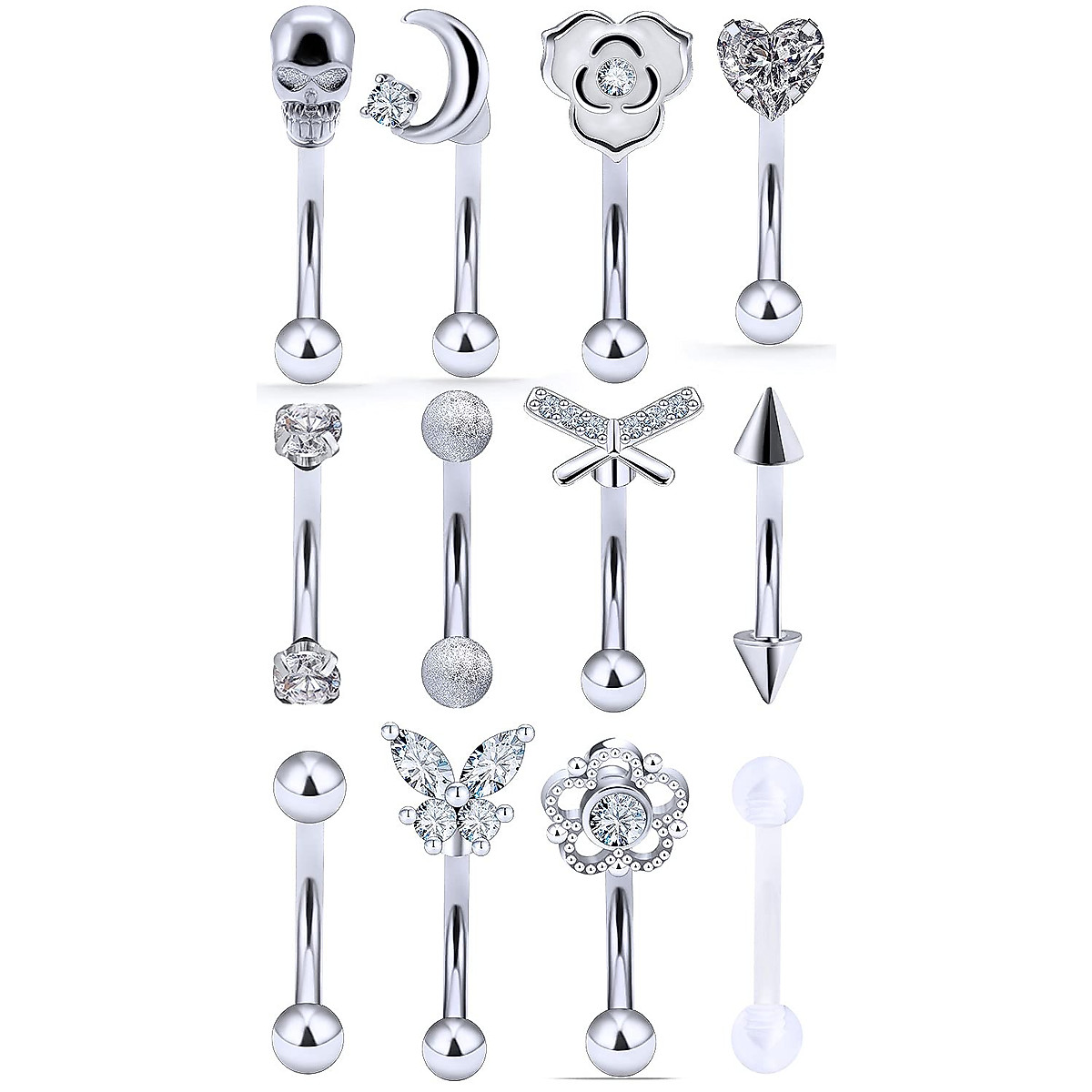 Hoeudjo 12Pcs 16G Stainless Steel Rook Daith Earrings for Women Small Belly Rings Vertical Lip Stud Surface Tragus Body Piercing Jewelry Curved Barbell Eyebrow Rings for Men