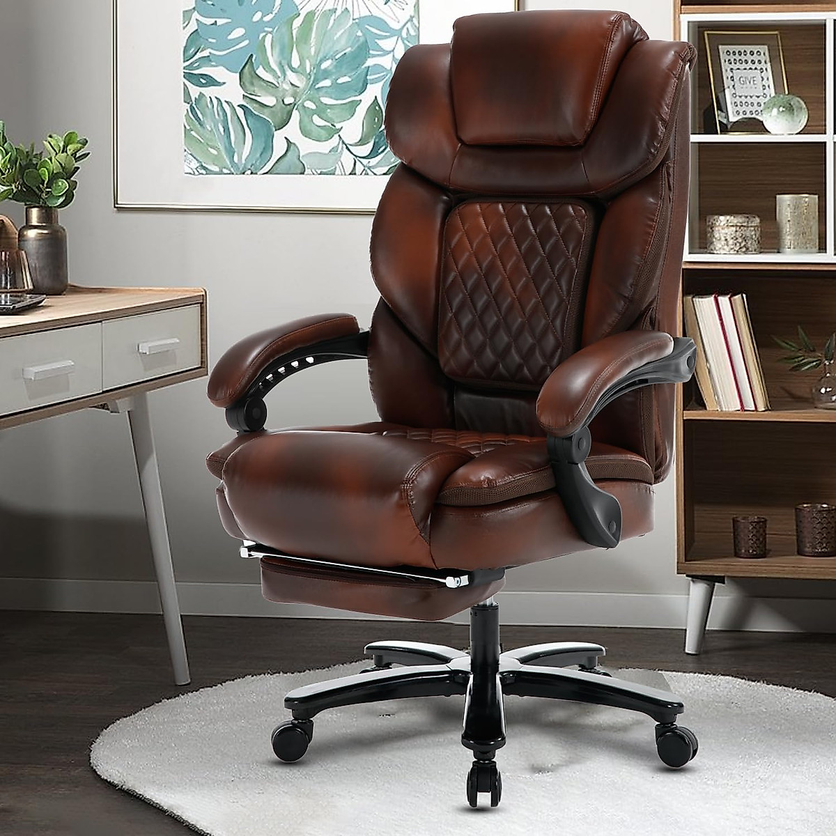 Comermax Big Tall Reclining Office Desk Chairs with Footrest Back Support Wide Seat PU Leather Ergonomic Recliner Managerial Executive Office Chair with Wheels Plus Size, Black Brown