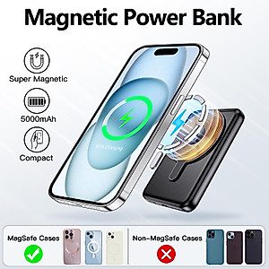 kurdene Wireless Portable Charger, 3 in 1 Magnetic Power Bank Compatible with iWatch Charger,5000mAh Mag-Safe Batteries Pack,Compatible with iPhone 15/14/13/12 Series, Apple Watch, Airpods-Black