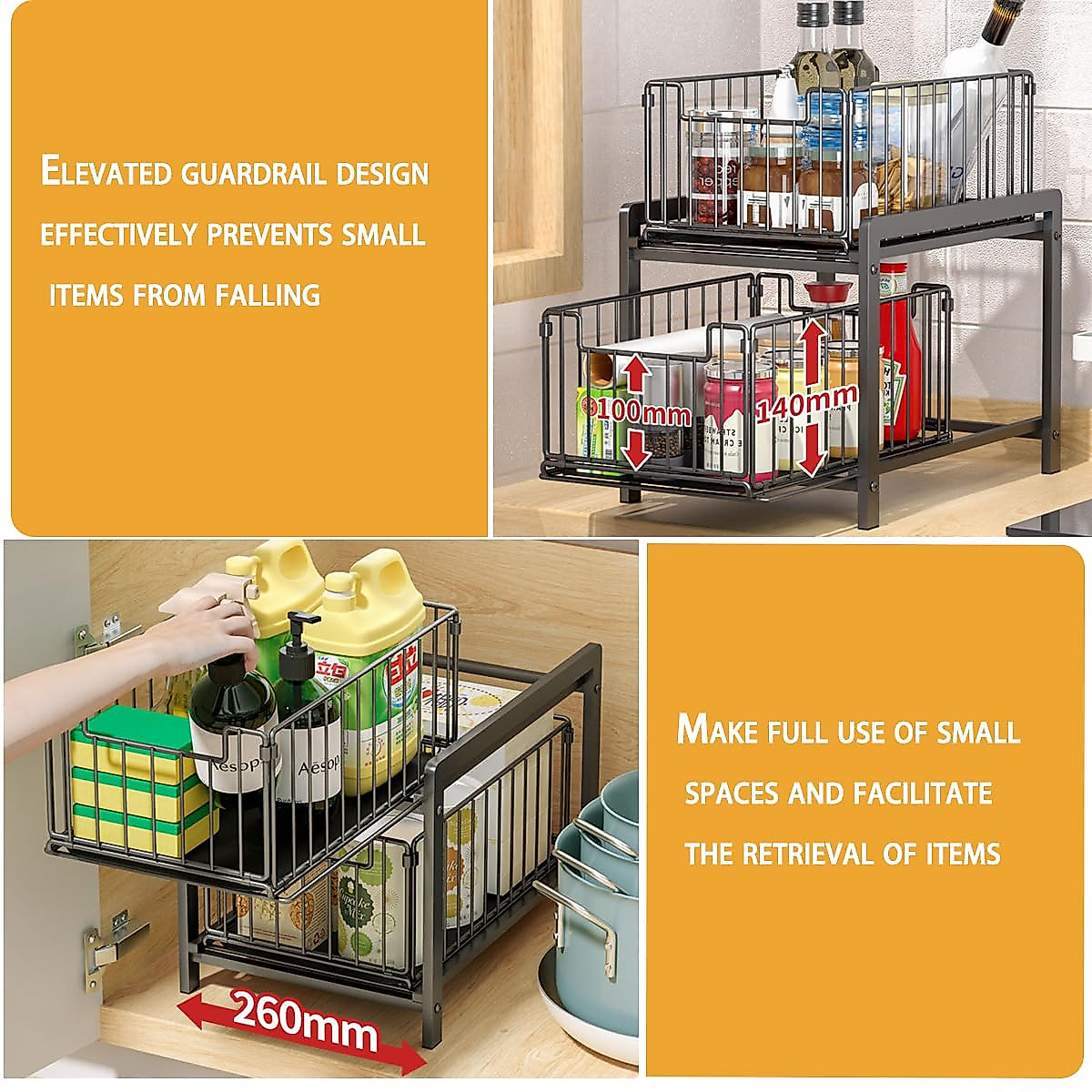 2-Tie Under Sink Cabinets Organizer with Sliding Storage Drawer, Pull Out Cabinets Organizer Shelf, Sliding Kitchen Countertop Storage Basket (black)