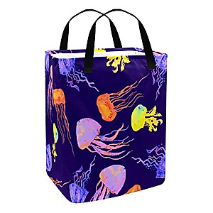 Colorful Jellyfish Sealife Print Collapsible Laundry Hamper, 60L Waterproof Laundry Baskets Washing Bin Clothes Toys Storage for Dorm Bathroom Bedroom