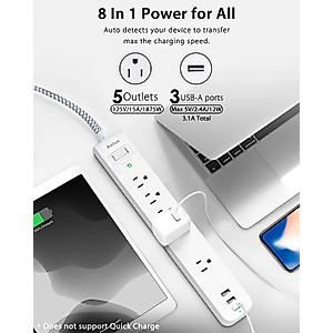 2 Pack Power Strip Surge Protector - 5 Widely Spaced Outlets 3 USB Charging Ports, 1875W/15A with 5Ft Braided Extension Cord, Flat Plug, Overload Surge Protection, Wall Mount for Home Office,White