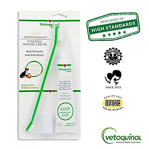 Vetoquinol Enzadent Enzymatic Toothpaste Kit + Fingerbrush & Dual-End Toothbrush for Cats & Dogs – 3.2 oz, Poultry Flavor – Oral Dental Care Kit: Removes Plaque, Polishes Teeth & Freshens Breath