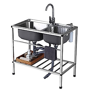 ZXLBTNB Commercial Restaurant Sink 304 Stainless Steel Utility Sink Freestanding Kitchen Sink with Worktop with Drip Board and Faucet for Laundry/Backyard/Garage/Camping 80x43x75cm
