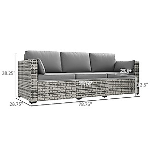 Wicker Patio Couch, PE Rattan 3-Seat Sofa, Outdoor Furniture with Deep Seating, Cushions, Steel Frame, Gray