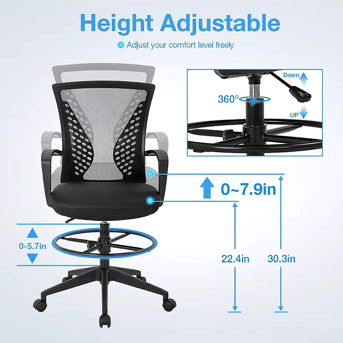 Drafting Chair Tall Ergonomic Office Chair Home Desk Chair Rolling Computer Mesh Swivel Modern Executive Task Chair with Height Adjustable Foot Rest Mid Back Lumbar Support Armrest Black
