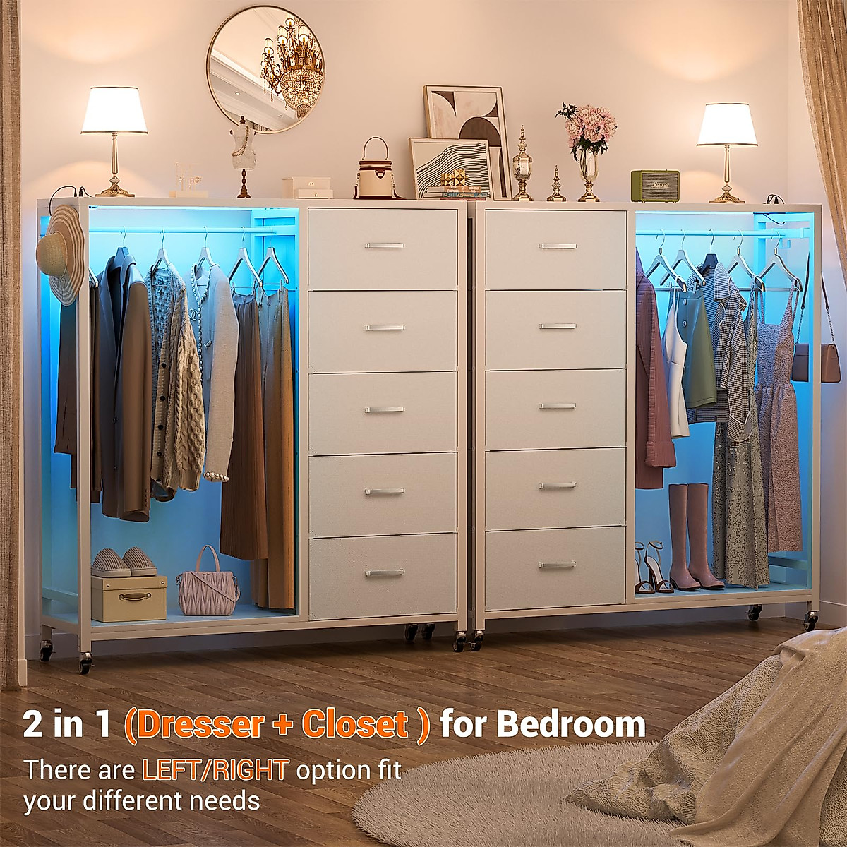 Girapow Dresser for Bedroom with Hanging Rack, White 5 Drawers Dresser with Power Outlets & LED Lights, 2-1 Storage Unit Dressers with Lockable Wheels, Wooden Top, Bedroom, Closet, Entryway, White