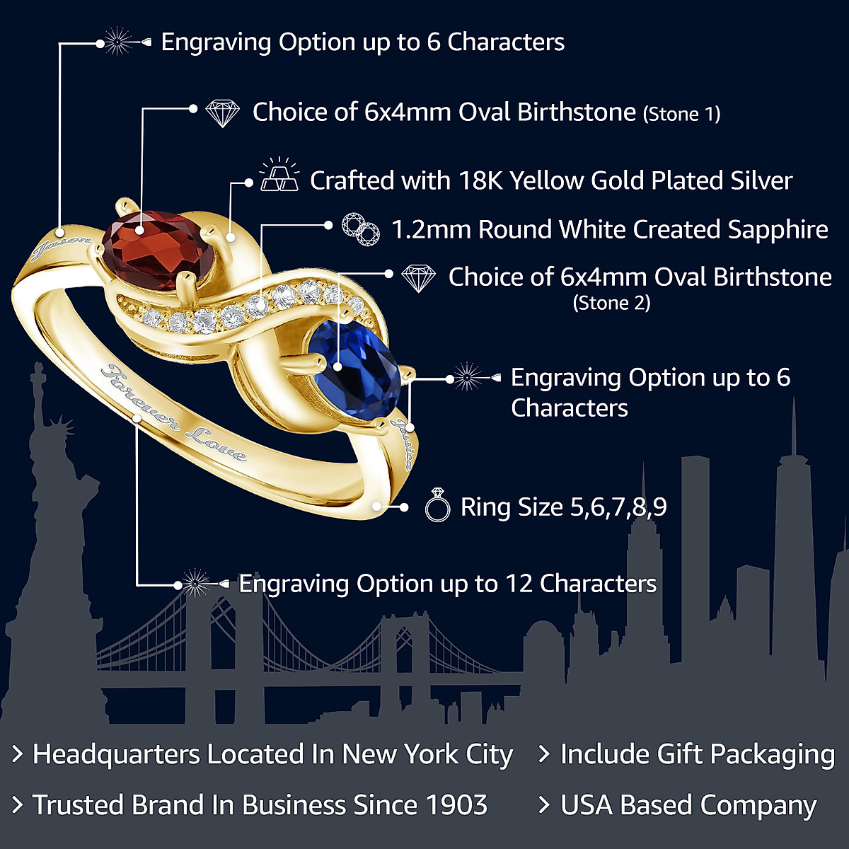 Gem Stone King 18K Yellow Gold Plated Silver Personalized Customized Engrave 2-Stone Gemstone Birthstone and White Created Sapphire Infinity Forever Love Knot Ring For Women (Size 7)