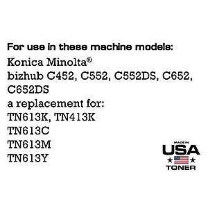 MADE IN USA TONER Compatible Replacement for Konica Minolta Bizhub C452, C552, C652, TN613K, TN613C, TN613M, TN613Y, TN413K (Black Cyan, Magenta, Yellow, 4-Pack)