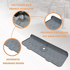 Silicone Faucet Handle Drip Catcher Tray, Kitchen Guard Silicone Sink Mat and Protectors, Sink Water Splash Guard Behind Faucet, Silicone Pads for Kitchen, Bathroom and RVs(Grey)