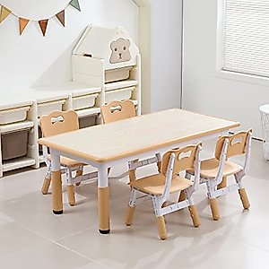 MOCUTEEN Kids Table and 4 Chair Set Height Adjustable Toddler Table and Chair Set Graffiti Desktop Max 330lbs Kids Activity Art Table for Daycare Classroom Home Age 2-12 Grain Burlywood