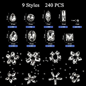 240 Pieces Large Sew on Rhinestones Clear Glass Crystal Gems Diamond Stone Metal Back Prong Setting Crafts Mix Shapes Claw for Jewelry, Clothes, Shoes, Costume (Clear White)