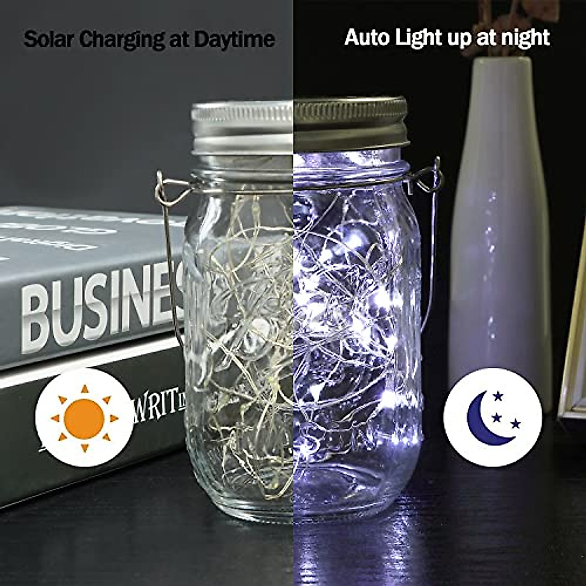 Nintiue Mason Jar Solar Lights, 6 Pack 30 LEDs Fairy Lights with Jars and Hangers, IPX6 Waterproof Hanging Solar Lights Outdoor, Decorative Solar Lanterns for Garden Fence Patio Wedding