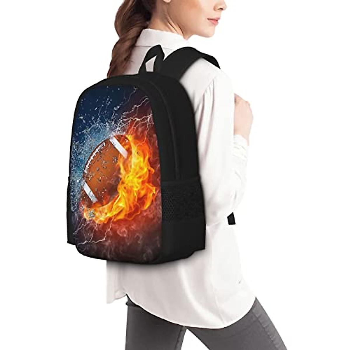 ALIFAFA American Football School Backpack for Boys/Girls 17 Inch Black Boy Backpack,Cool Design Rugby Ball In Fire and Water Casual Daypack Sports Backpack Bookbags for Man Woman Teens Boys Girls