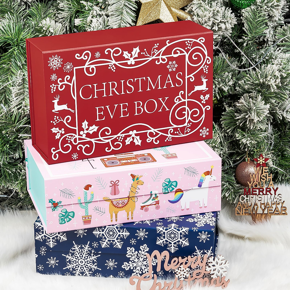 WRAPAHOLIC 1 Pcs Christmas Gift Box with Lid - 13.3 x 9 x 4 Inches Red and White Christmas Eve Box Lettering Design Gift Box, Collapsible Gift Box with Magnetic Closure and 2 Pcs Tissue Paper