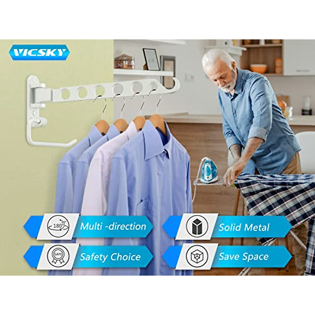 VICSKY Wall Mounted Laundry Hanger Rack (White), Small Drying Rack with 6 Holes, 180° Swing Arm and 90° Folding, Sturdy Hanging Clothes, Safe and Space Saver, Valet Hook, Solid Aluminum