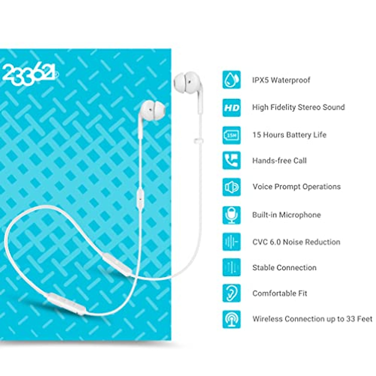 233621 Wave Bluetooth Neckband Headphones, 15 Hrs Playtime Stereo Wireless Earbuds with CVC 8.0 Call Noise Cancellation Microphone, 10.7 mm Drivers, IPX5 ​Waterproof & Skin-Friendly (Black)