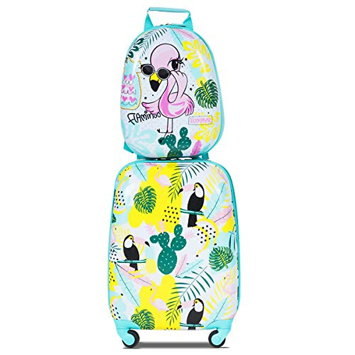 GYMAX Kids Carry On Luggage Set, 12" & 16" 2PCS Rolling Suitcase (Flamingos)
