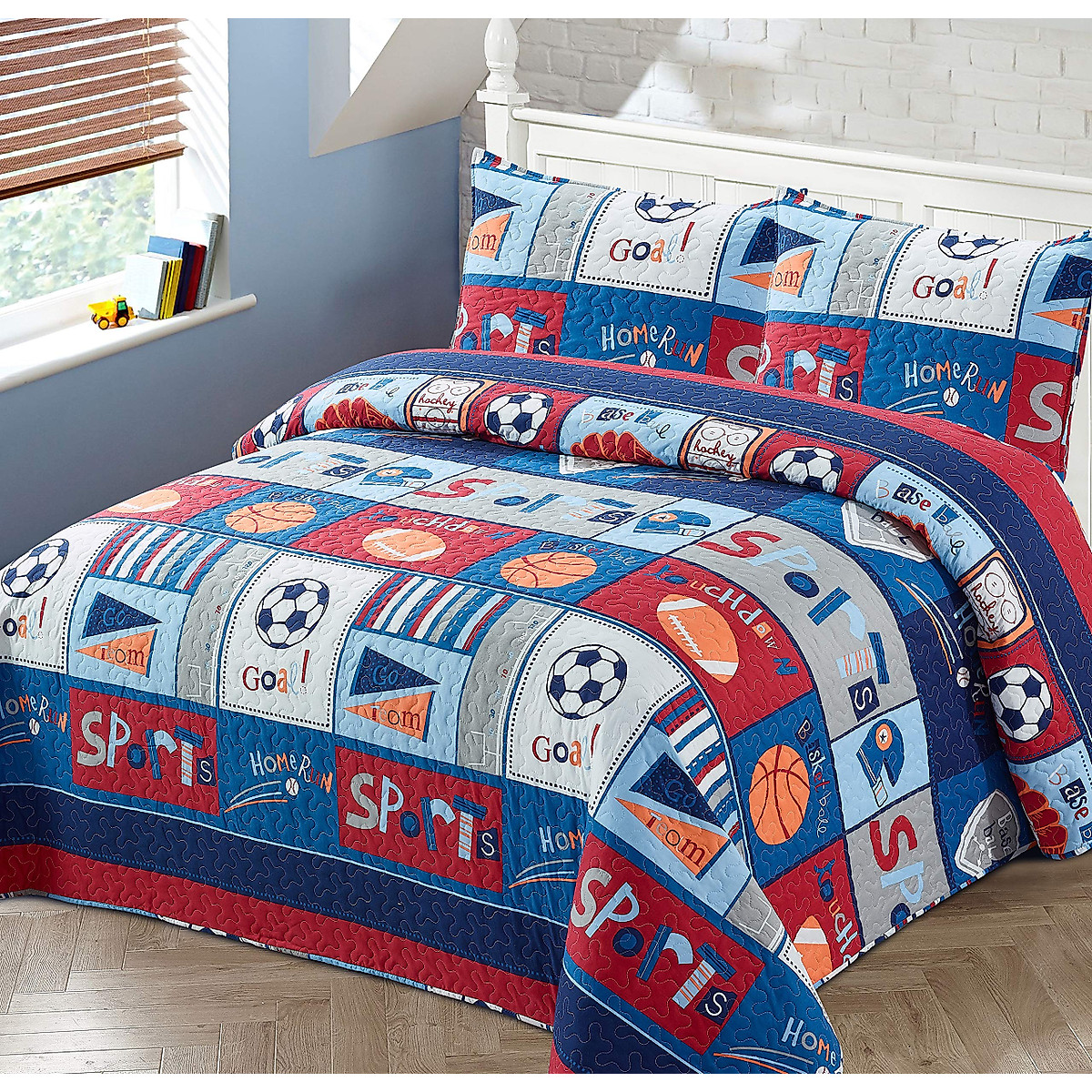 Better Home Style Red White and Blue Varsity Sports Themed Kids/Boys/Toddler Coverlet Bedspread Quilt Set with Pillowcases and Football Soccer and Basketball Imagery # MVP Sport (Queen/Full)