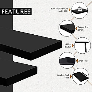 WELLAND 12" Deep Black Floating Shelves, Floating Wall Shelf, 47.24" L x 11.81" D x 2" T, Deeper Than Others, Black